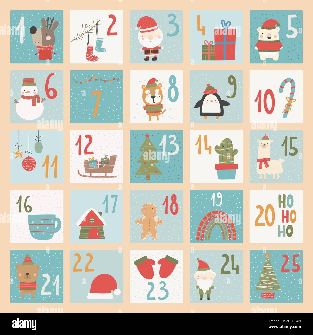 Advent calendar. Christmas poster. Xmas numbers. Joy funny lettering geometric forms festive ...
