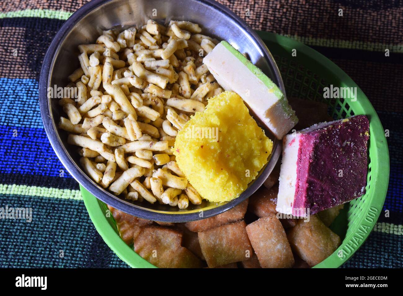 Indian breakfast milk sweets and snacks colorful cloth in the ...