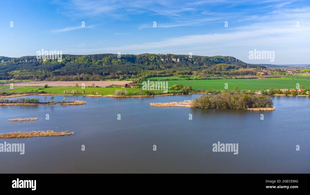 Rural landscape with Zabakor lake and Prihrazy sandstone rocks ...