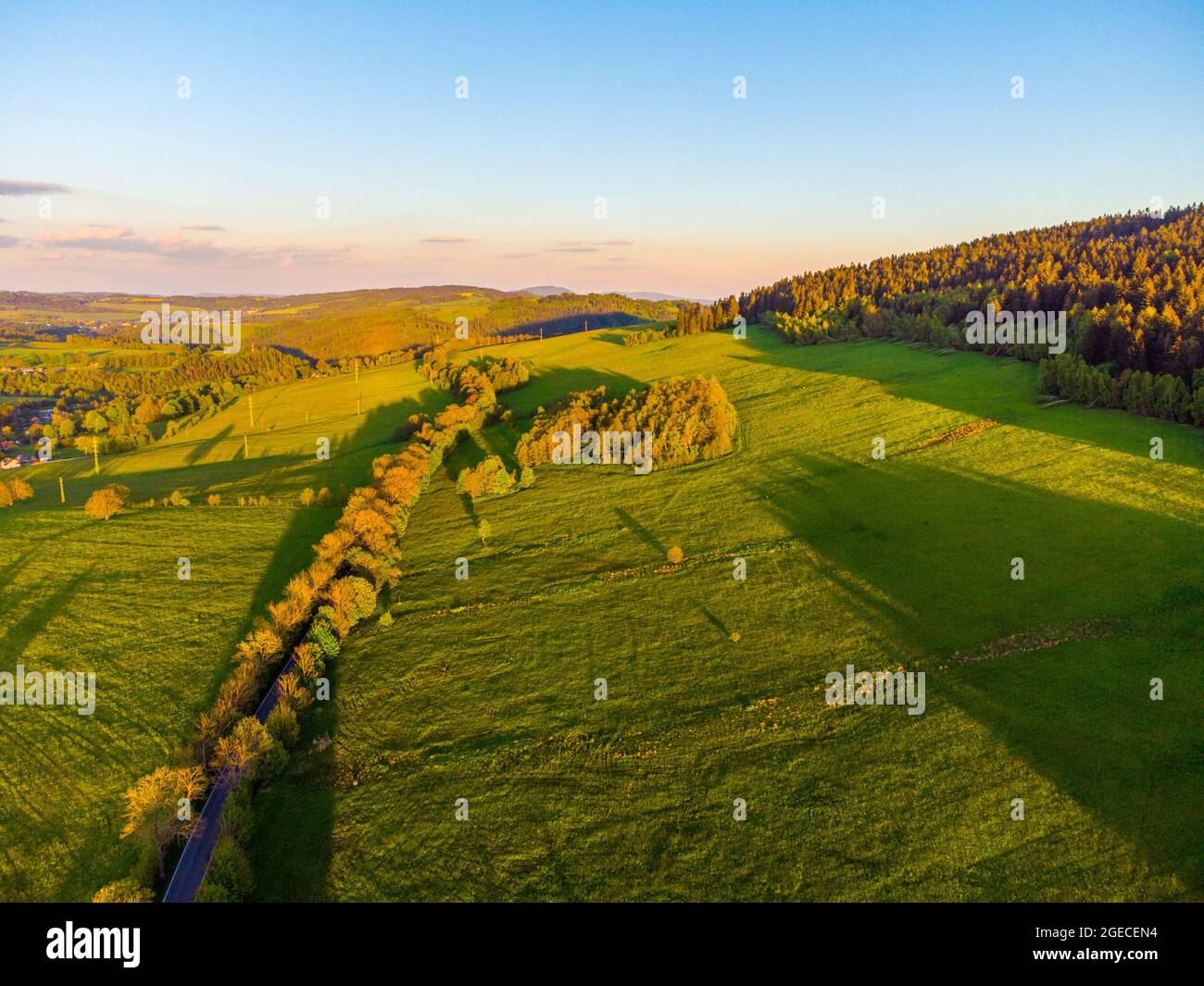 Green rural landscape of Northern Bohemia at susnet time. Aerial view ...