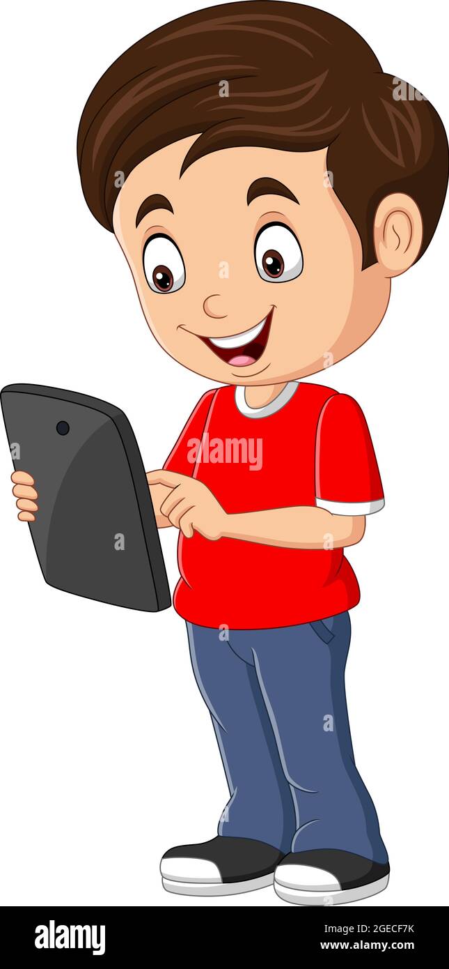 Cartoon happy little boy holding tablet Stock Vector Image & Art - Alamy