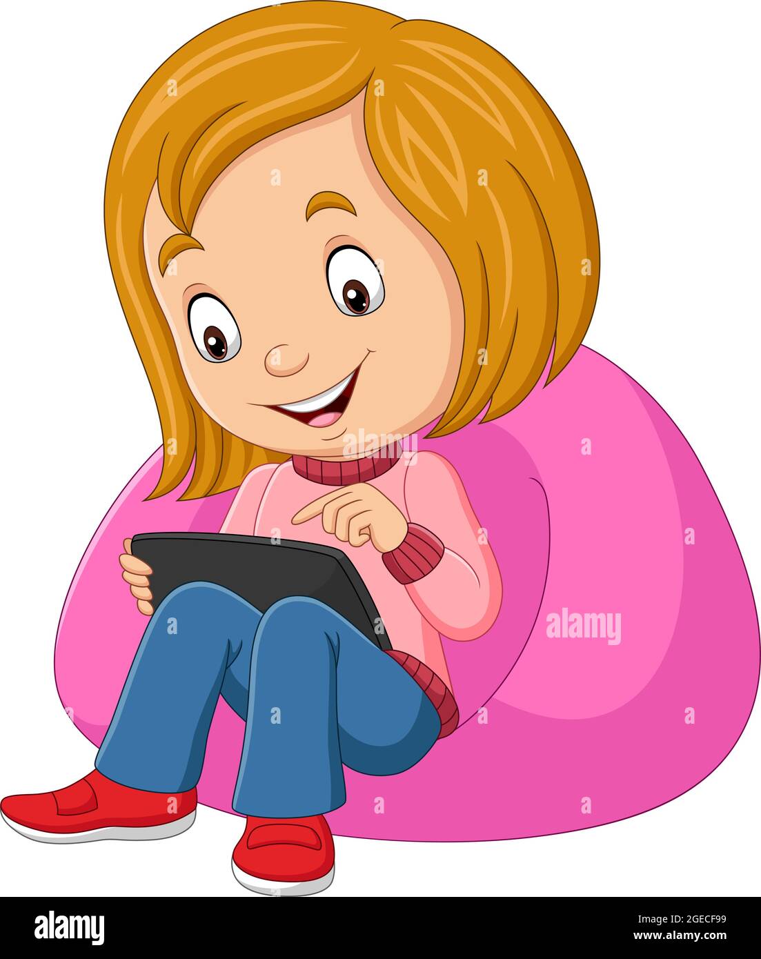 Cartoon happy little girl using tablet on sofa Stock Vector Image & Art ...
