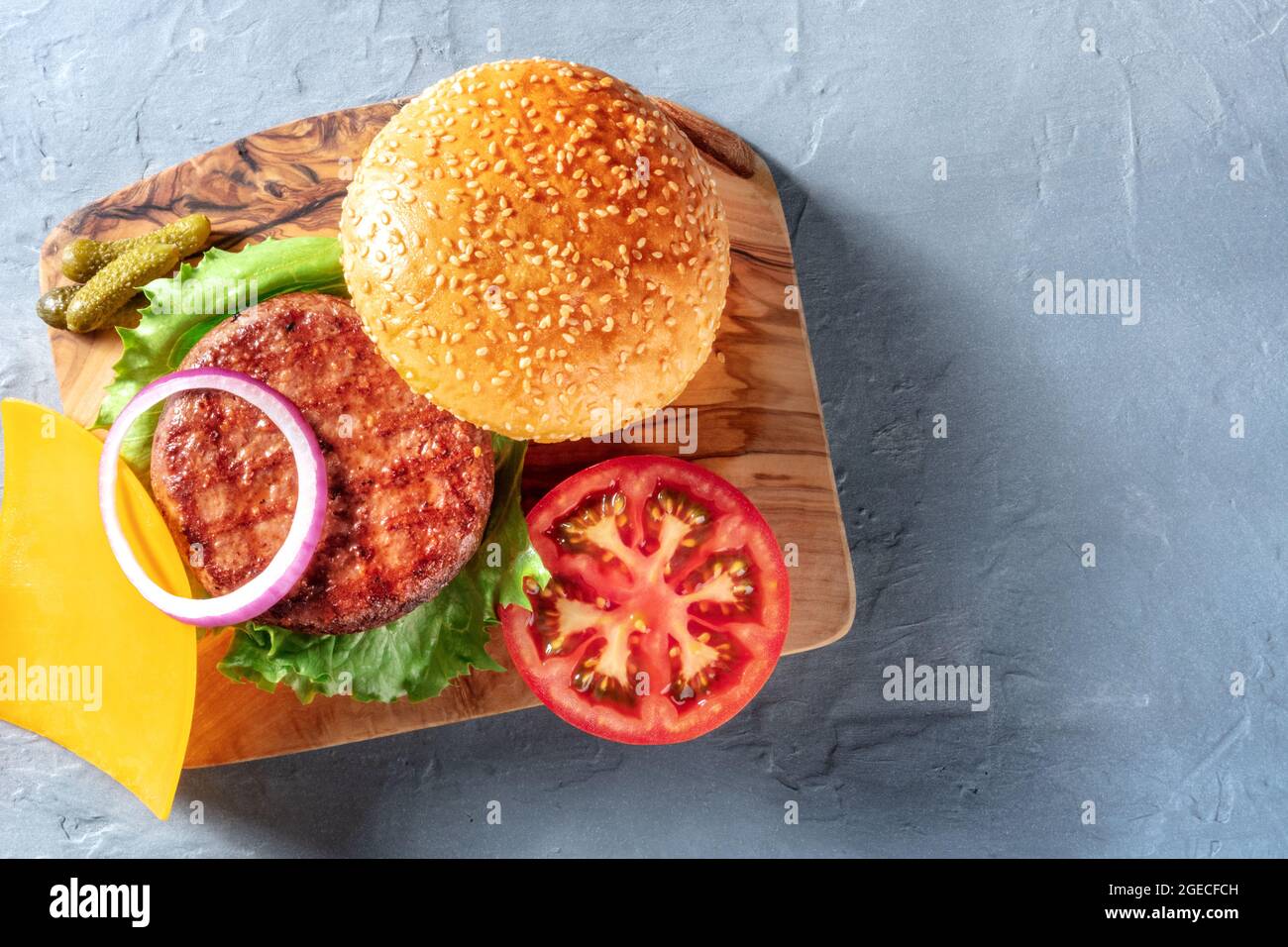 Burger. Homemade hamburger recipe, overhead flat lay shot with copy ...