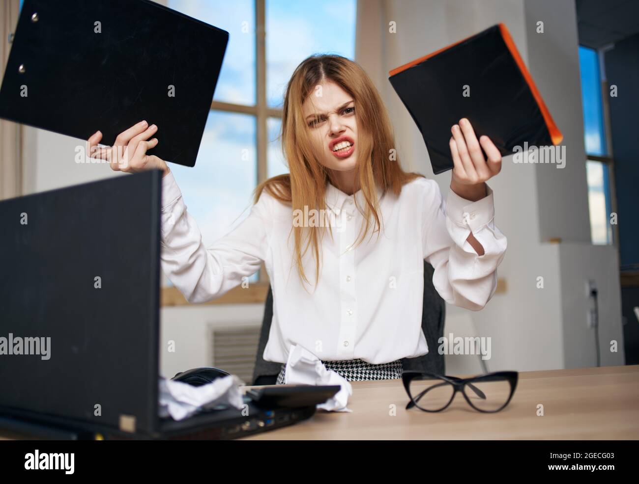 Business woman sitting at her desk documents secretary office work ...