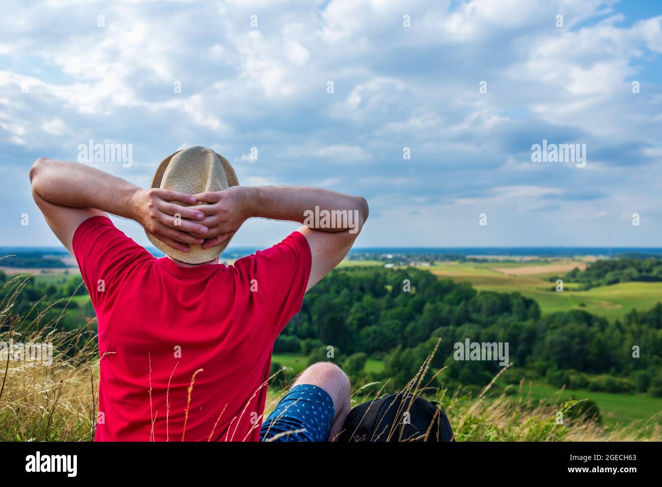 Young man admiring beautiful view of the forest landscape rear view ...