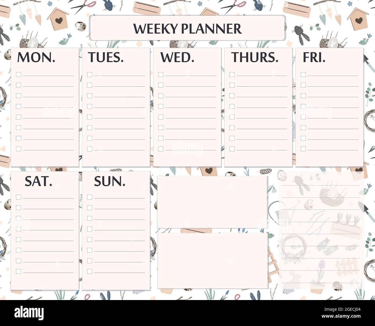 Elegant weekly planner template with spring garden objects. Isolated ...