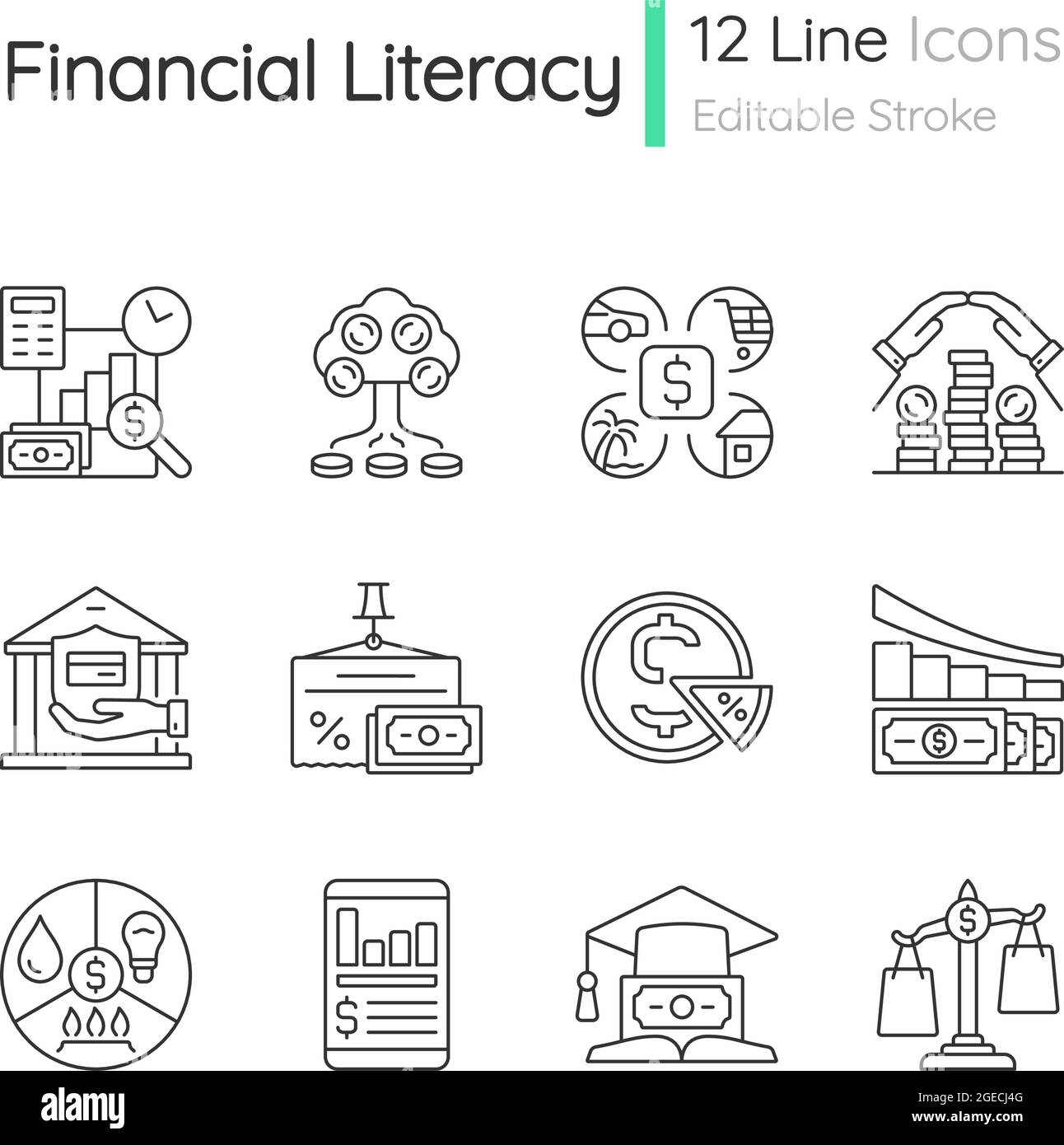 Financial literacy linear icons set Stock Vector Image & Art - Alamy