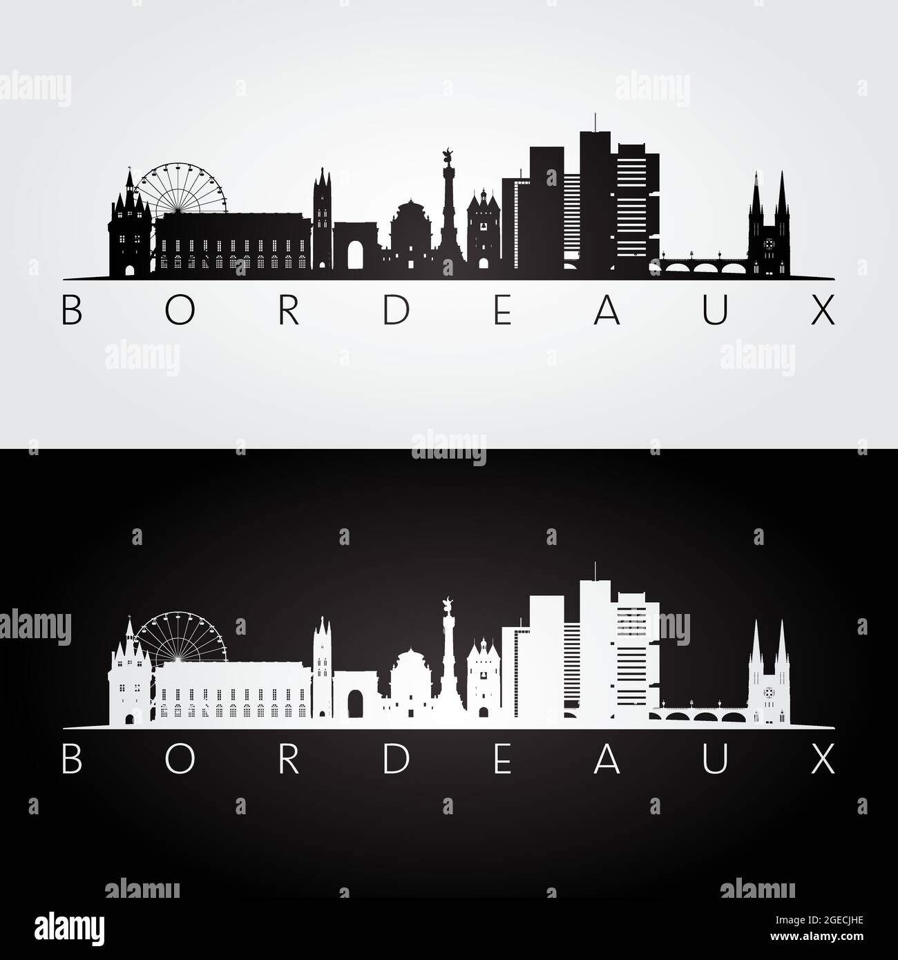 Bordeaux skyline and landmarks silhouette, black and white design ...