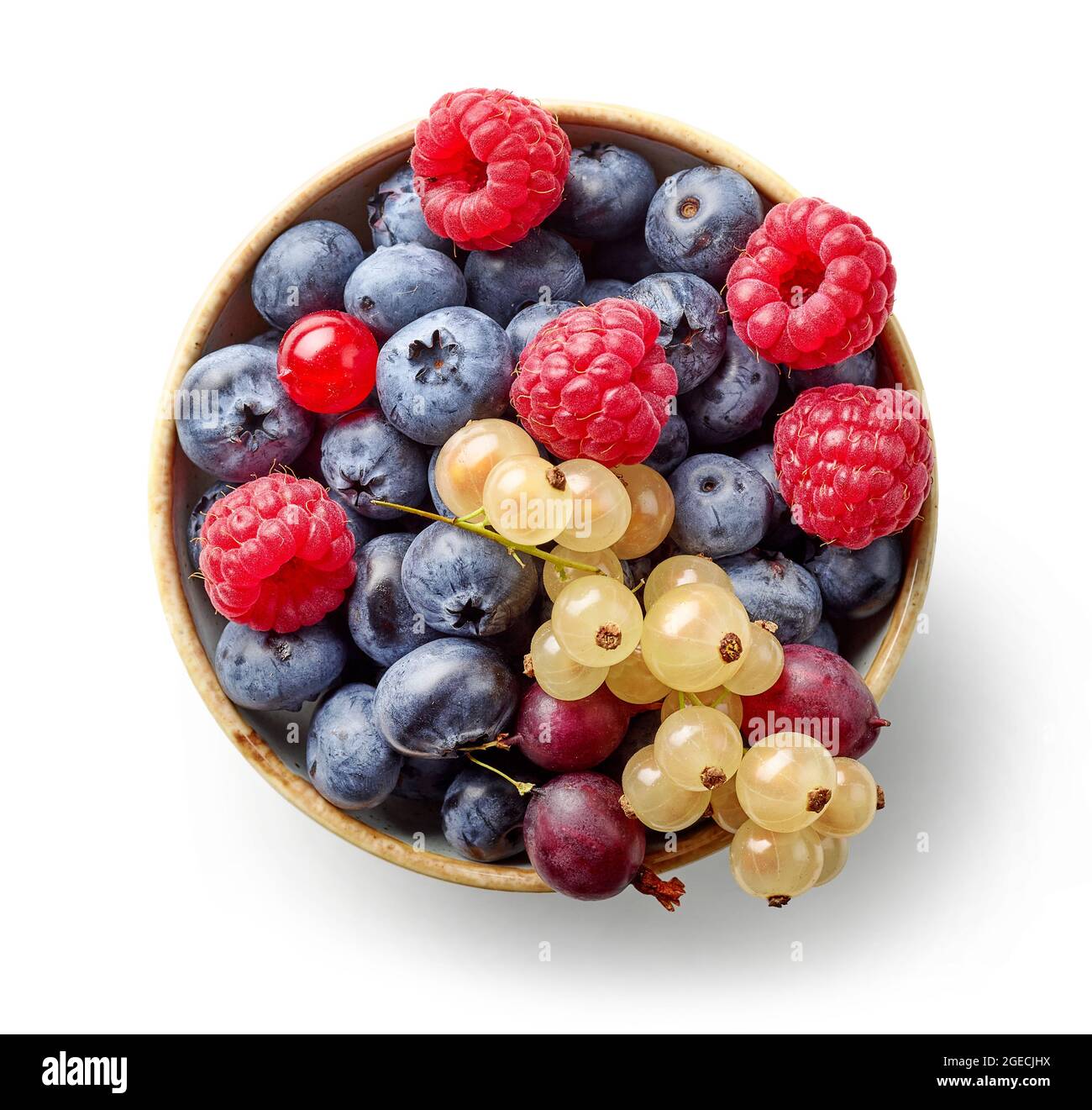 bowl of various fresh berries isolated on white background, top view ...