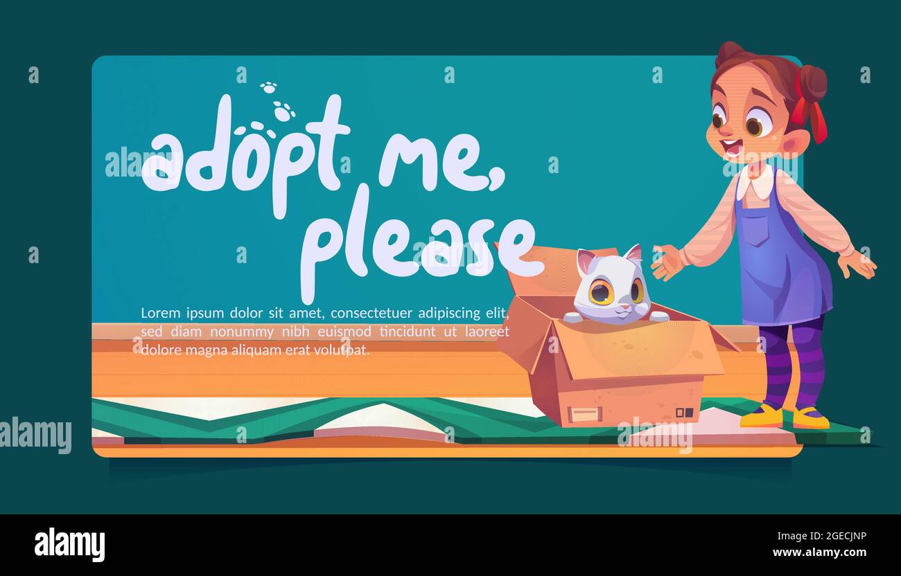 Adopt me poster with cat in cardboard box and girl Stock Vector Image ...