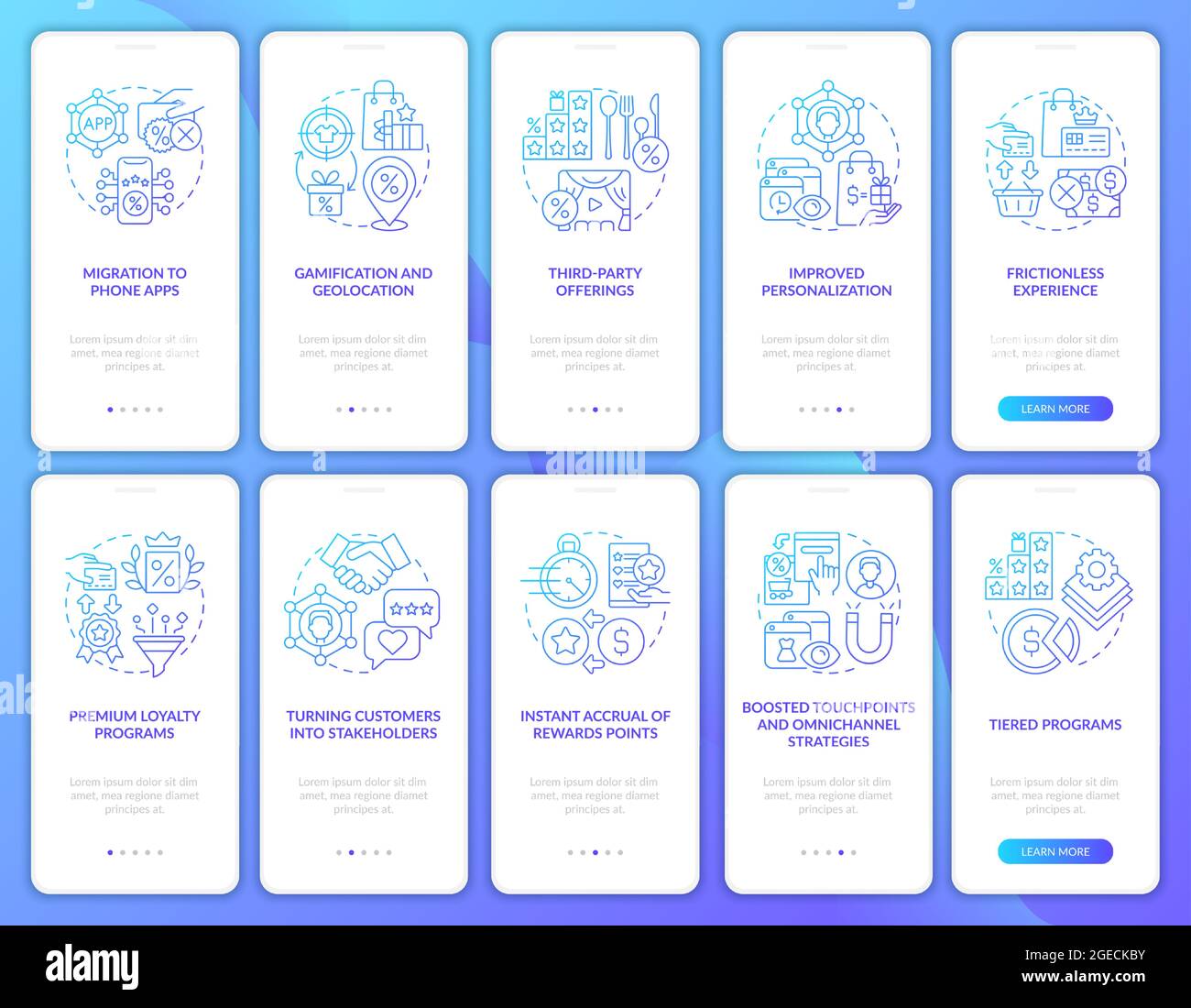 Reward system for customers blue gradient onboarding mobile app page ...