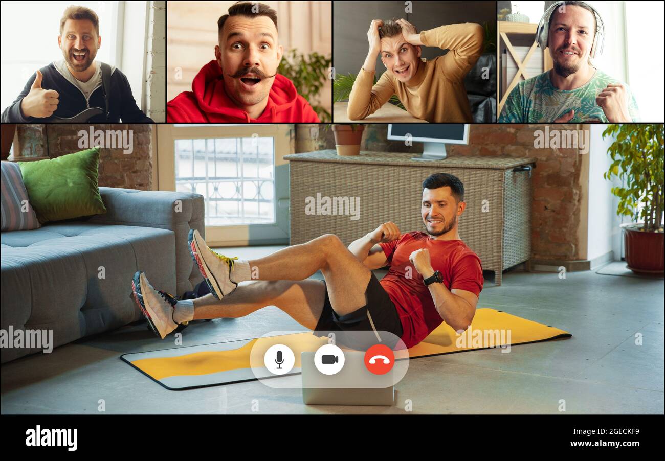 Collage, composite image. Group of young people watching online sport ...