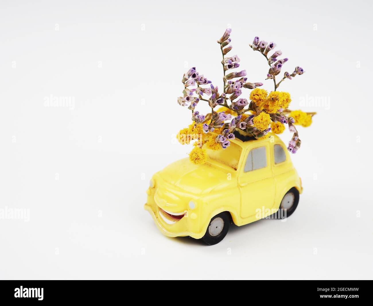 Small yellow toy car with a bouquet of wild flowers on a white ...