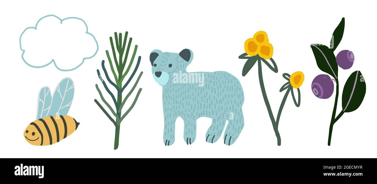 Set of cute cartoon elements. Handdrawn kids clip art collection Stock ...