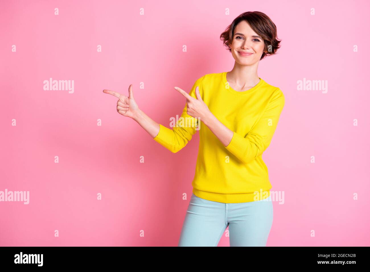 Photo of young pretty happy smiling cheerful lovely girl point finger ...