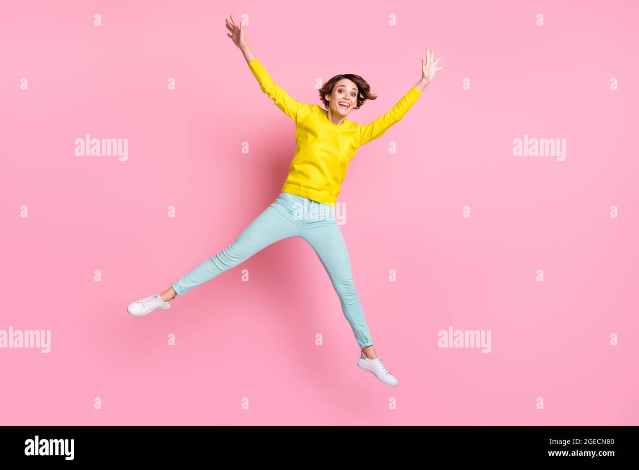 Photo of young lovely pretty smiling cheerful excited good mood girl ...