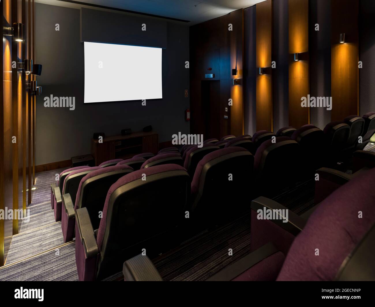 Mini movie theater with red seats and multiplex without people Stock ...