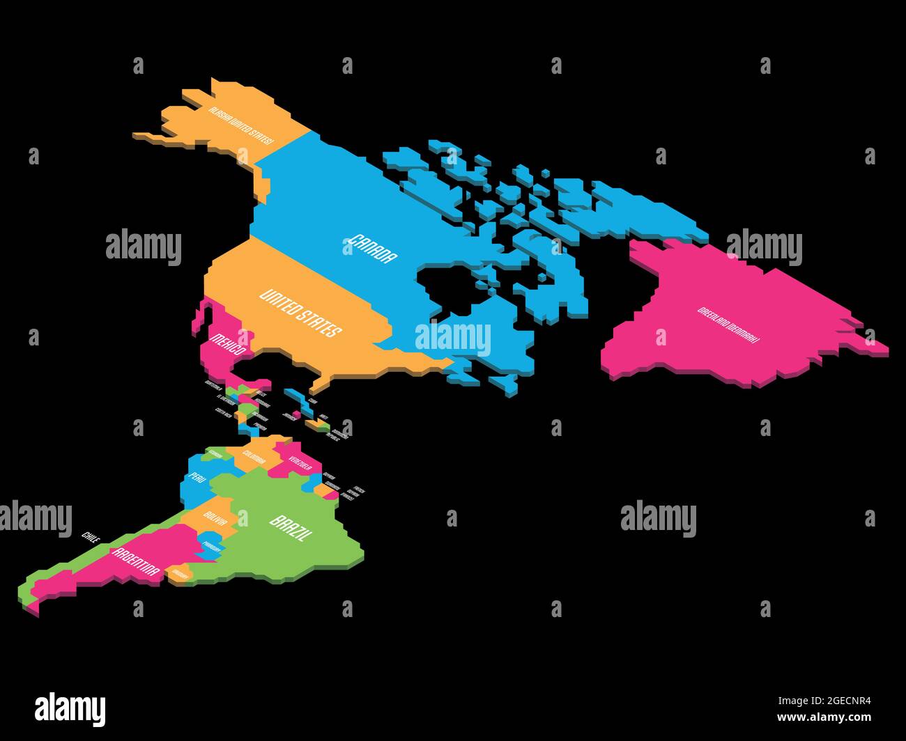 Isometric political map of Americas. Colorful land with country name ...