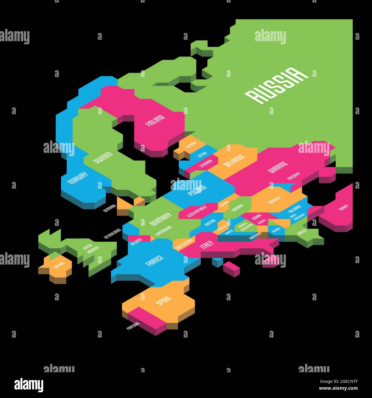 Isometric political map of Europe. Colorful land with country name ...