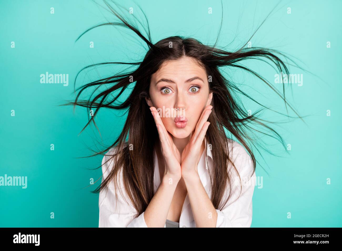 Photo of funky charming pretty nice young woman fly hair wind hold ...