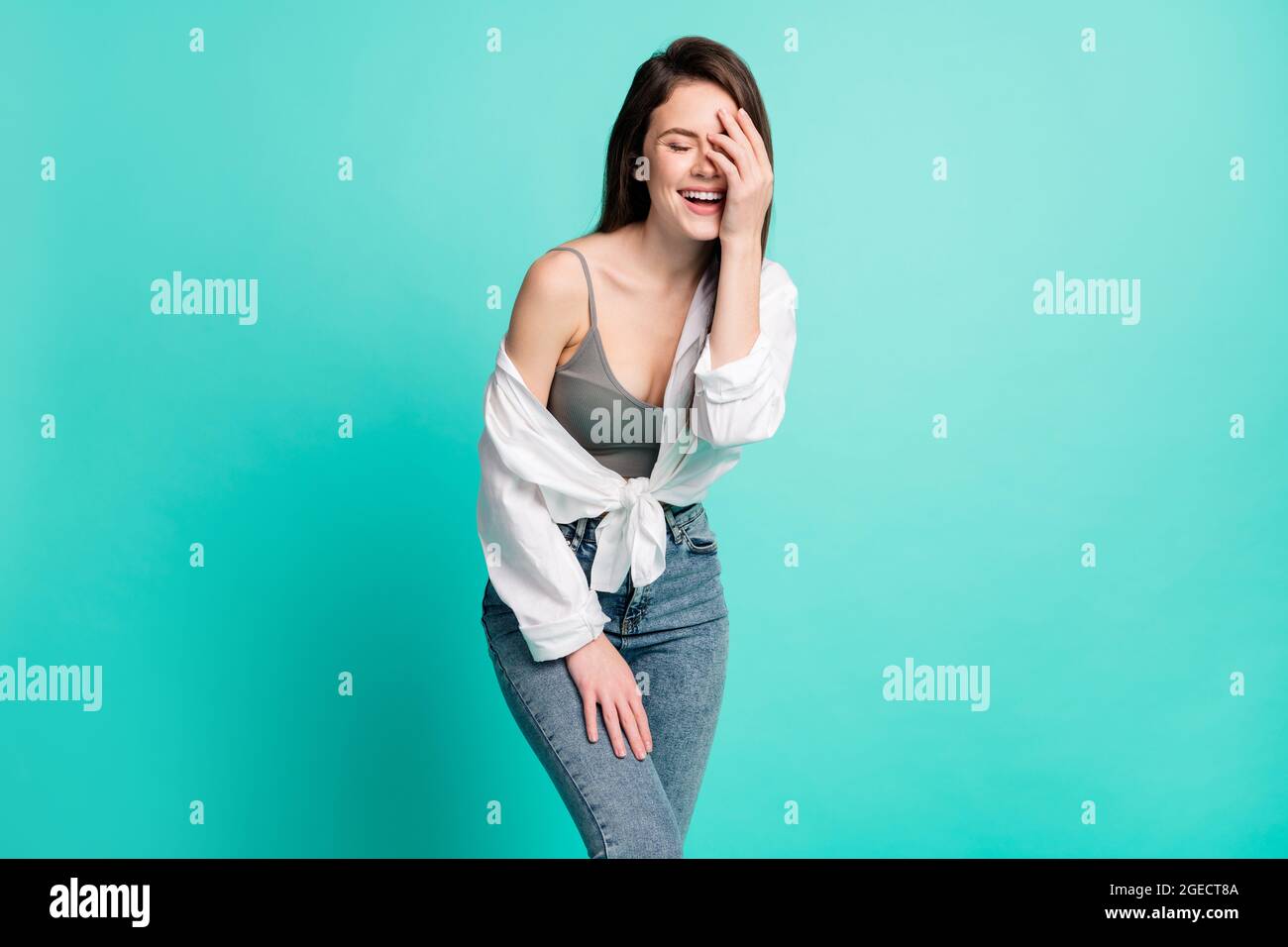 Photo of attractive charming young lady hold hand face laugh smile ...