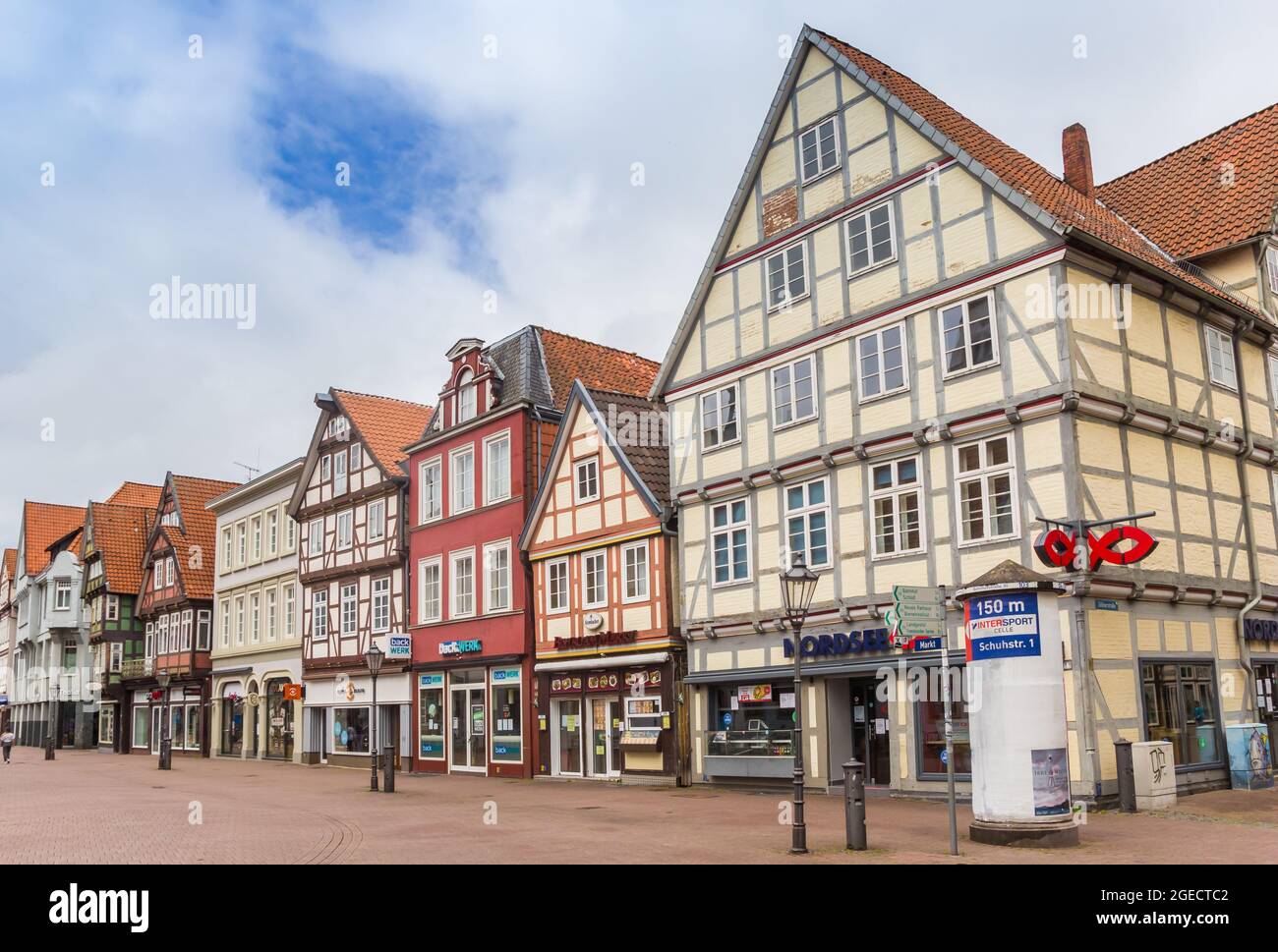 Half timbered houses in the shopping street of Celle, Germany Stock ...
