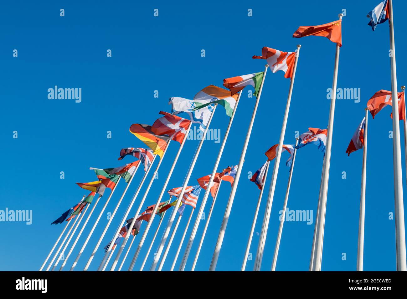 Different flags fluttering on flagpoles Stock Photo - Alamy
