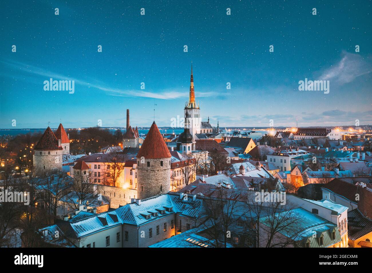 Tallinn, Estonia. Night Starry Sky Above Old Castle Walls Architecture ...
