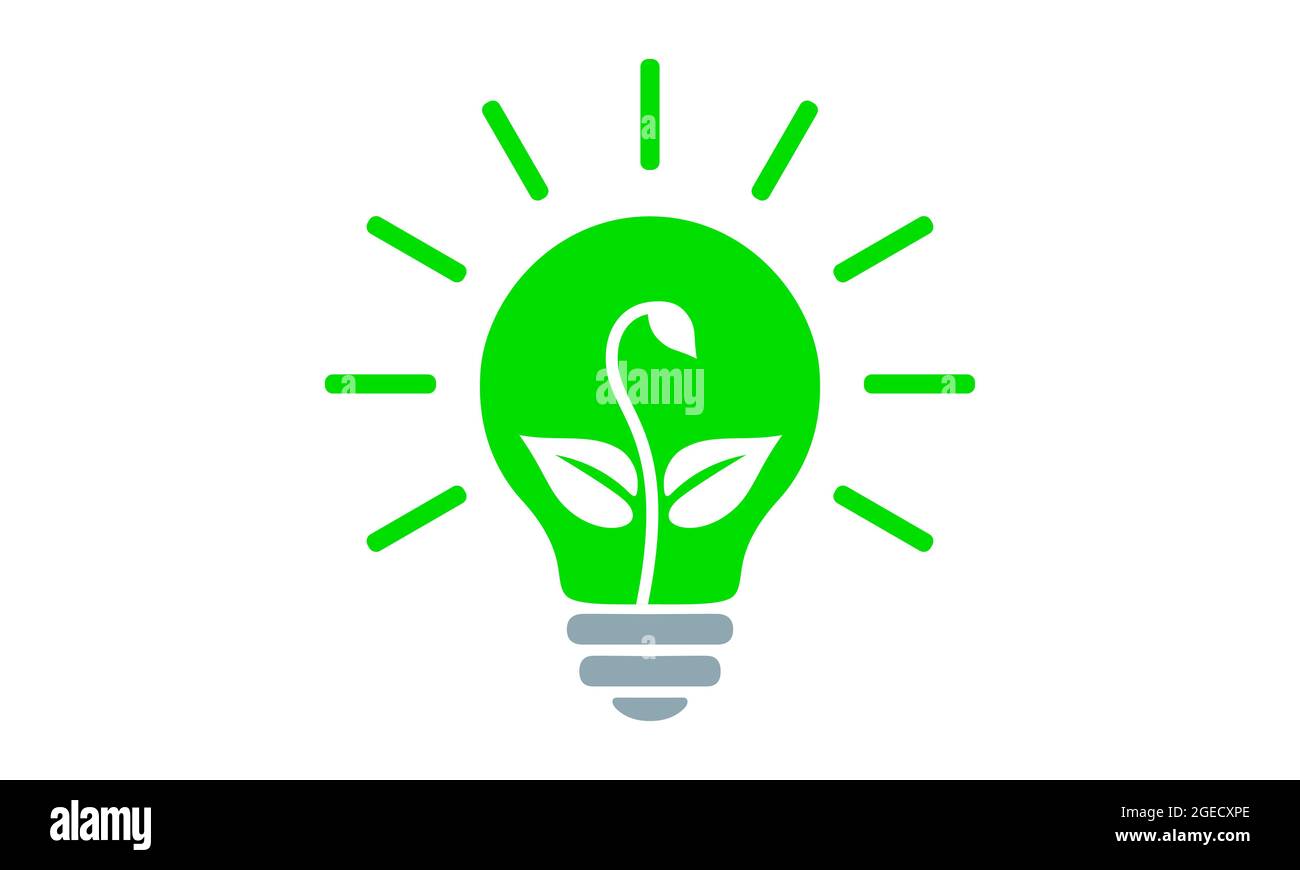 Green light bulb, flat icon. Electric lamp with rays and sprout growing ...