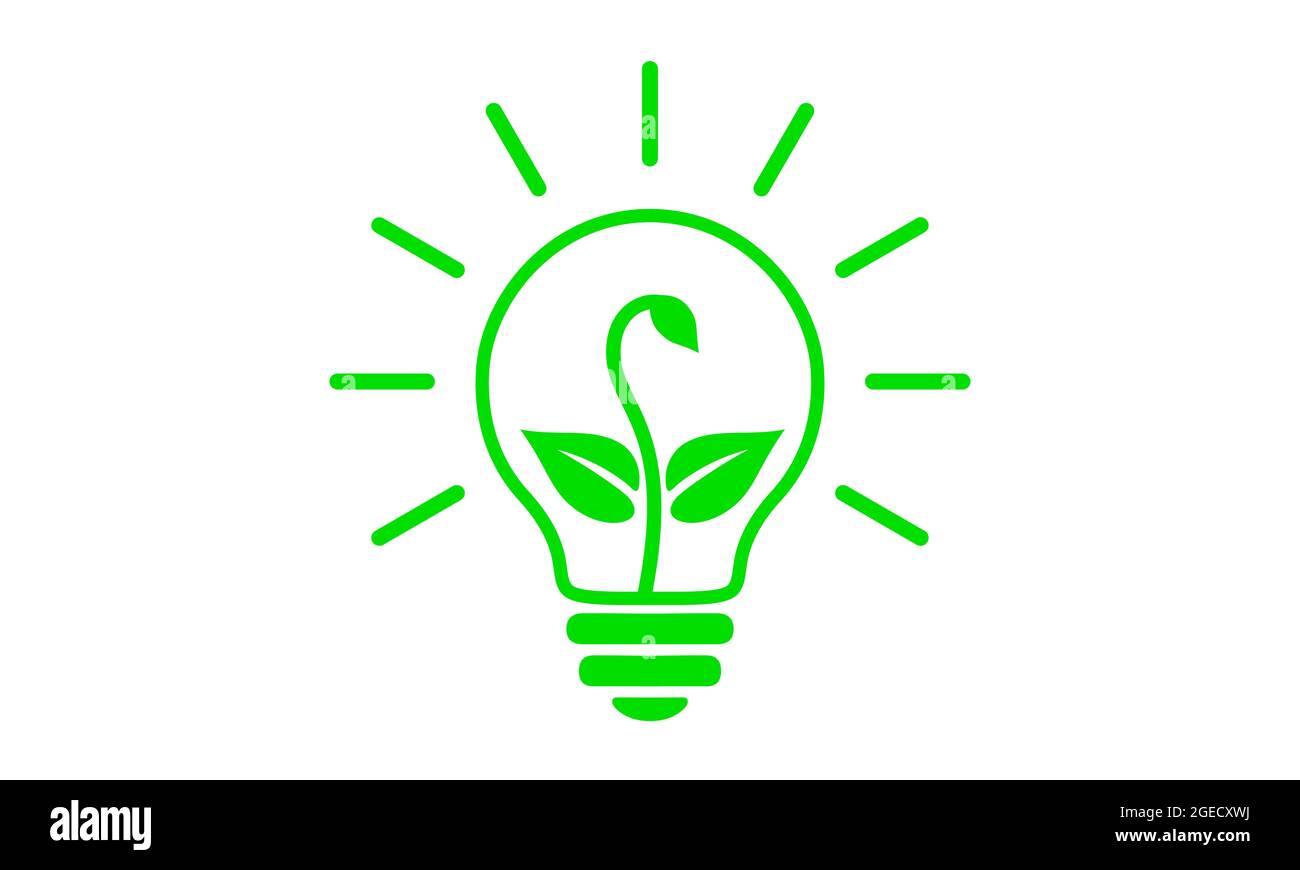 Green light bulb, linear flat icon. Electric lamp with rays and sprout ...