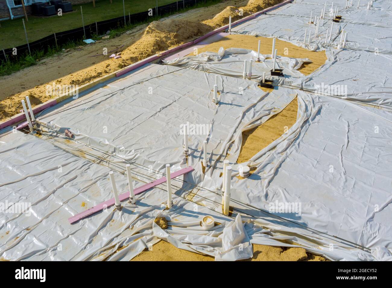 Aerial view on work with drainage system lying installation of a new ...