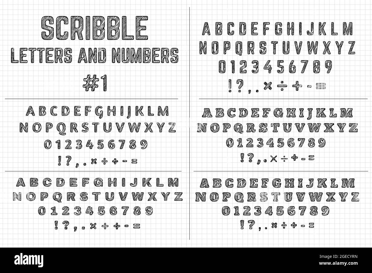 Scribble letters and numbers. Five sets of decorative letters of ...