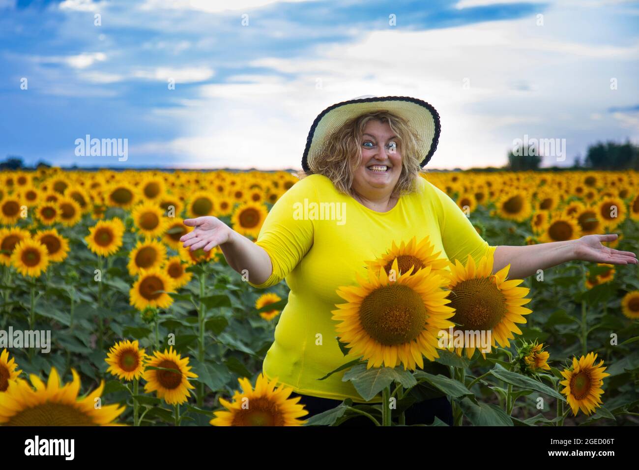 fat woman in a sunflower field laughs, enjoys life and makes a gesture ...