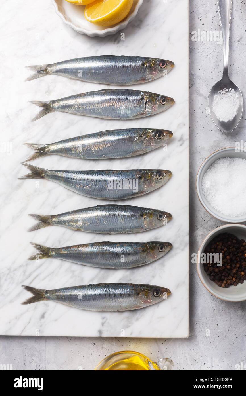 Freshly caught fresh sardines from the Mediterranean sea, top view ...