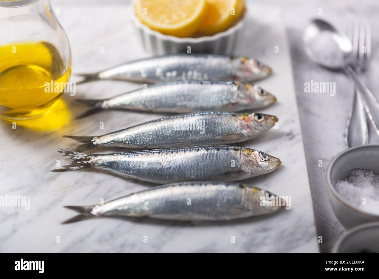 Freshly caught fresh sardines from the Mediterranean sea on the stone ...