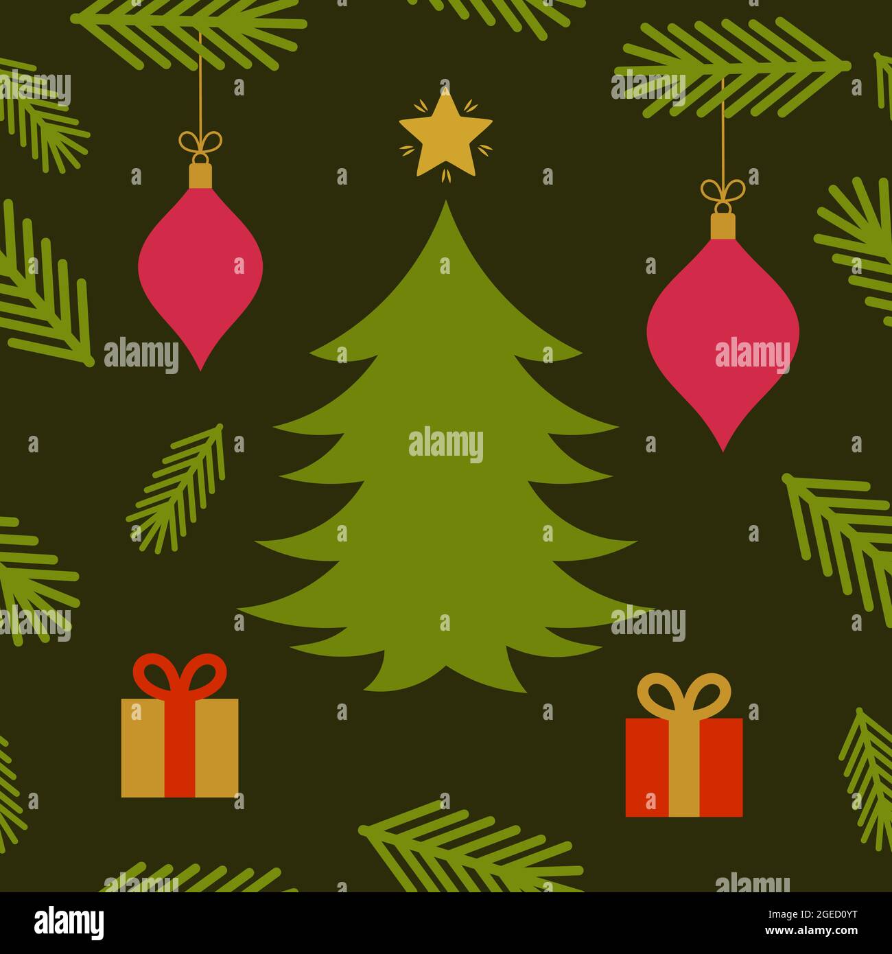 Christmas tree, presents and ornaments card. Vector illustration Stock ...