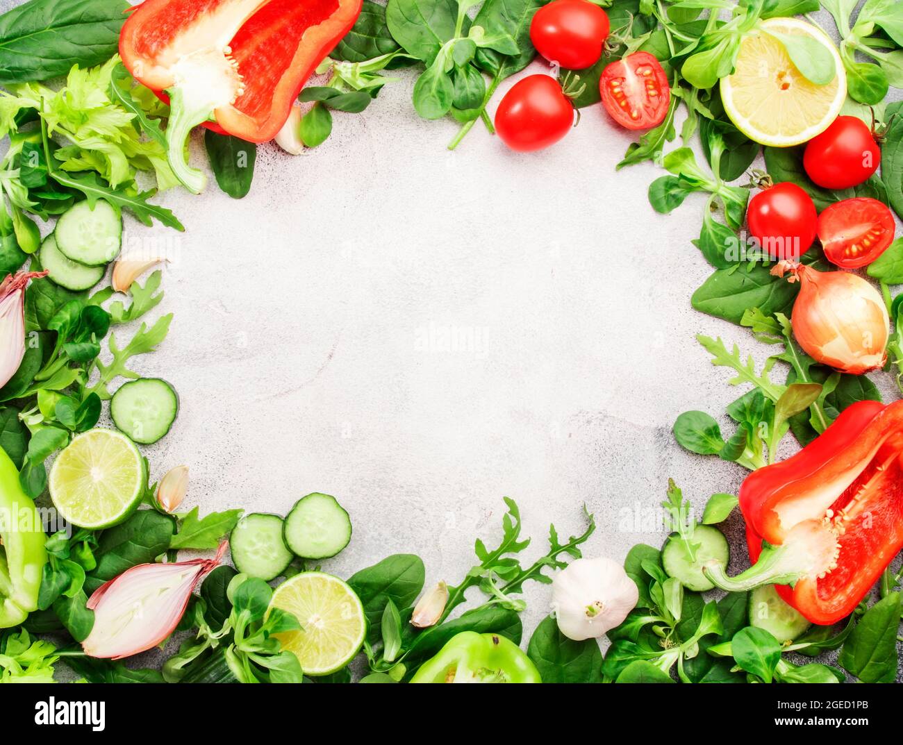 Healthy food background with various green herbs and vred egetables ...