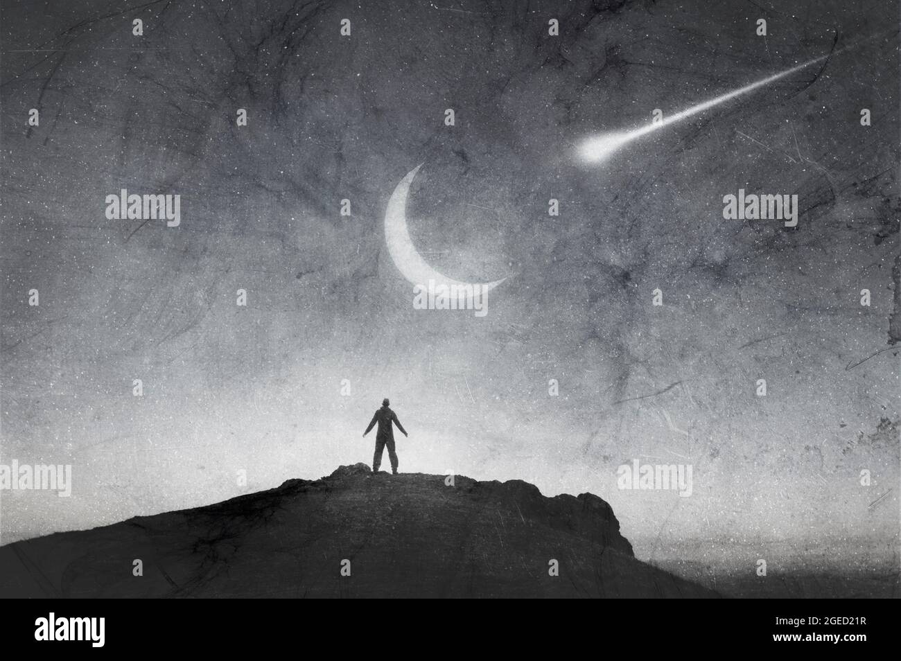 A mysterious glowing crescent moon and shooting star in the sky. With a ...