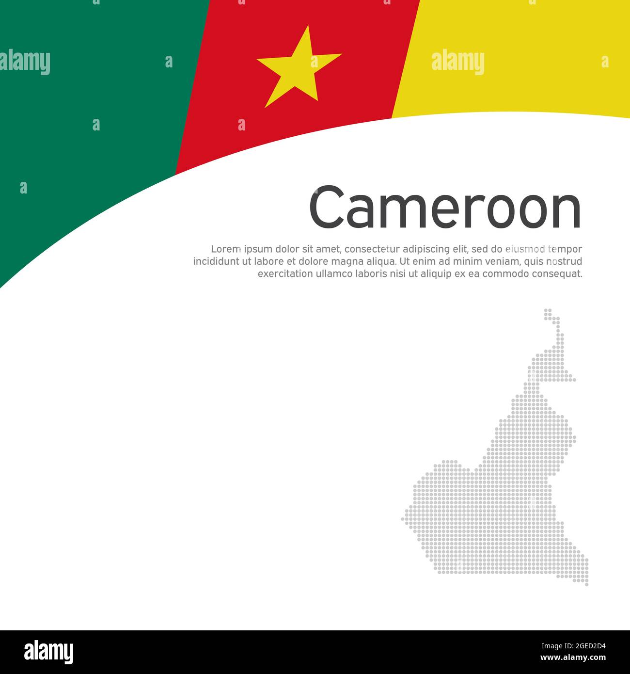 Cameroon flag, mosaic map on white background. Wavy ribbon with the ...