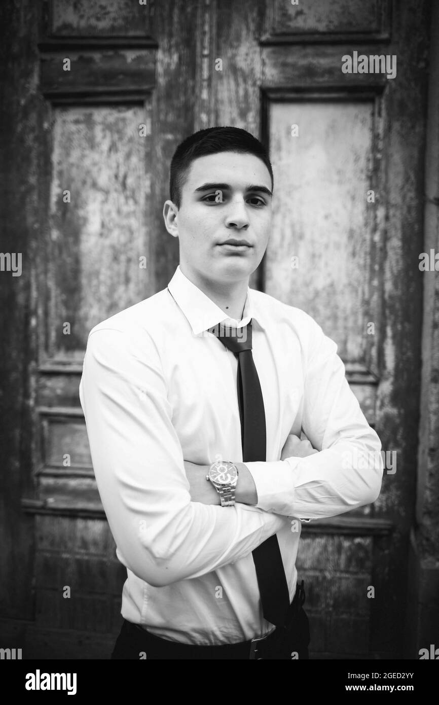 Boy wearing shirt and tie Black and White Stock Photos & Images - Alamy