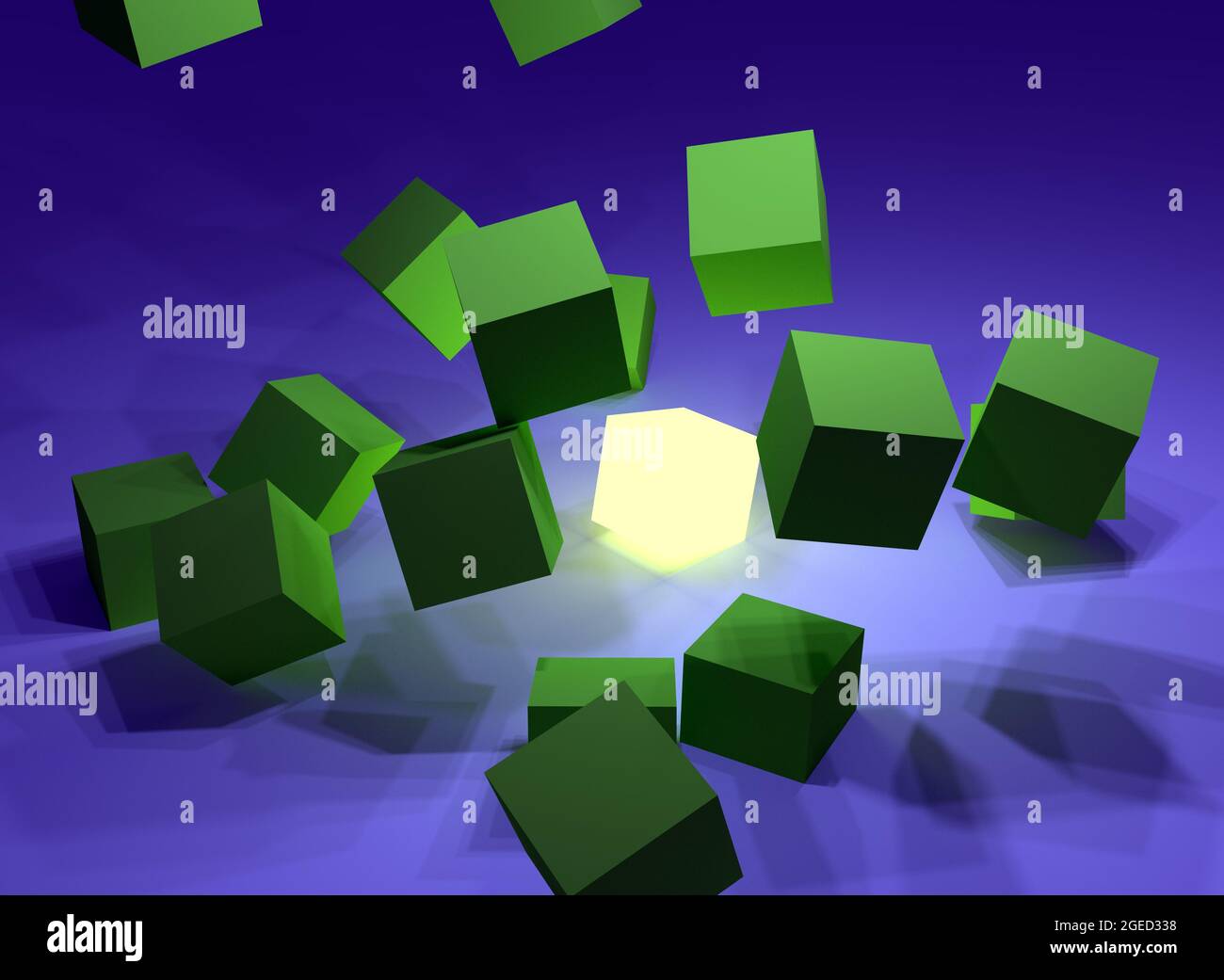 3D render of green cubes floating around a single glowing white cube on ...