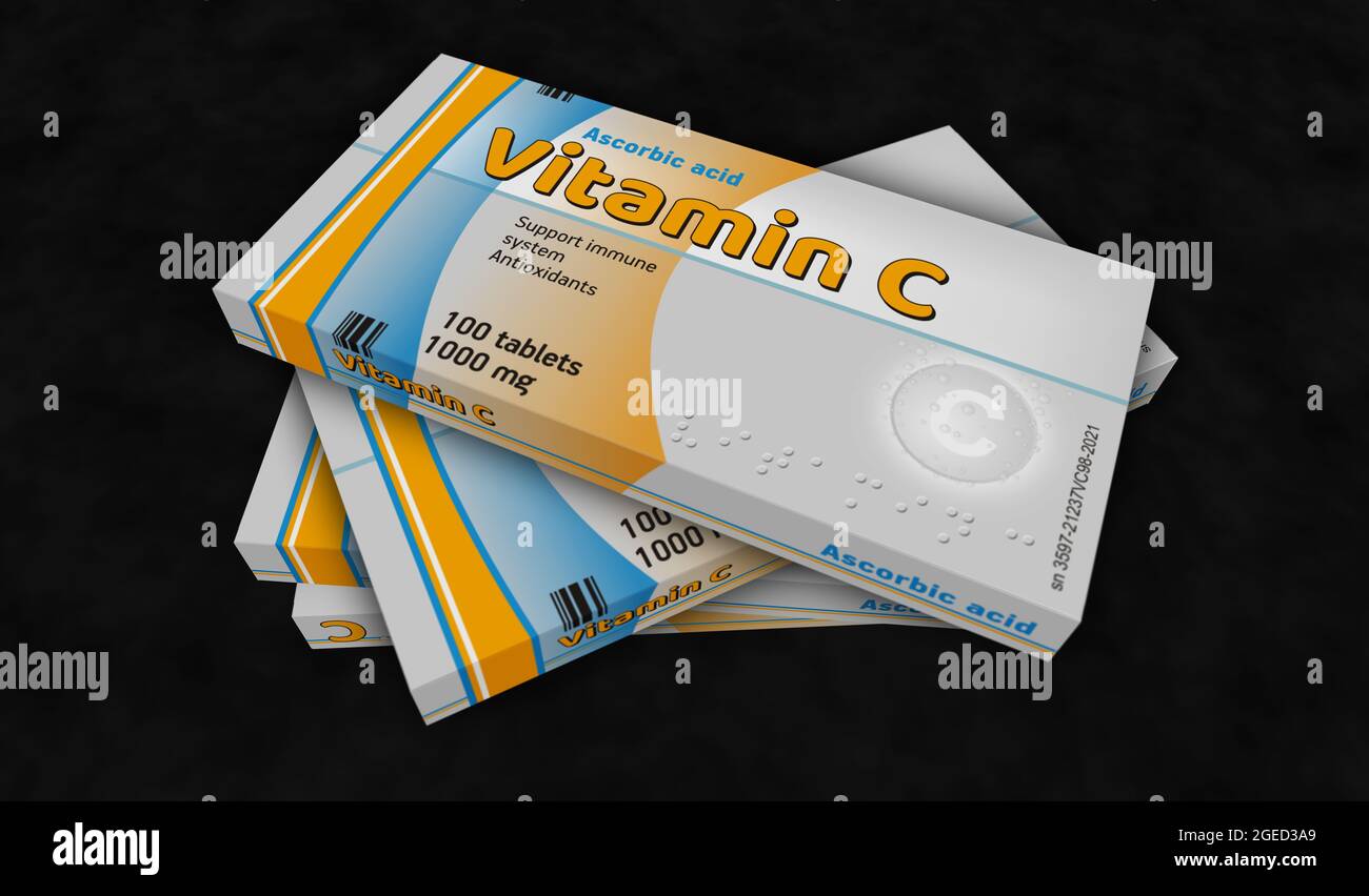 Vitamin C tablets box production line. Health supplement pills pack ...