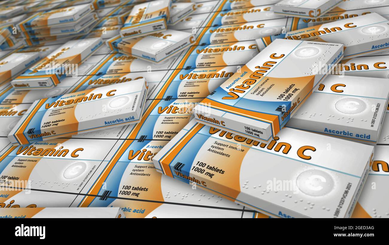 Vitamin C tablets box production line. Health supplement pills pack ...