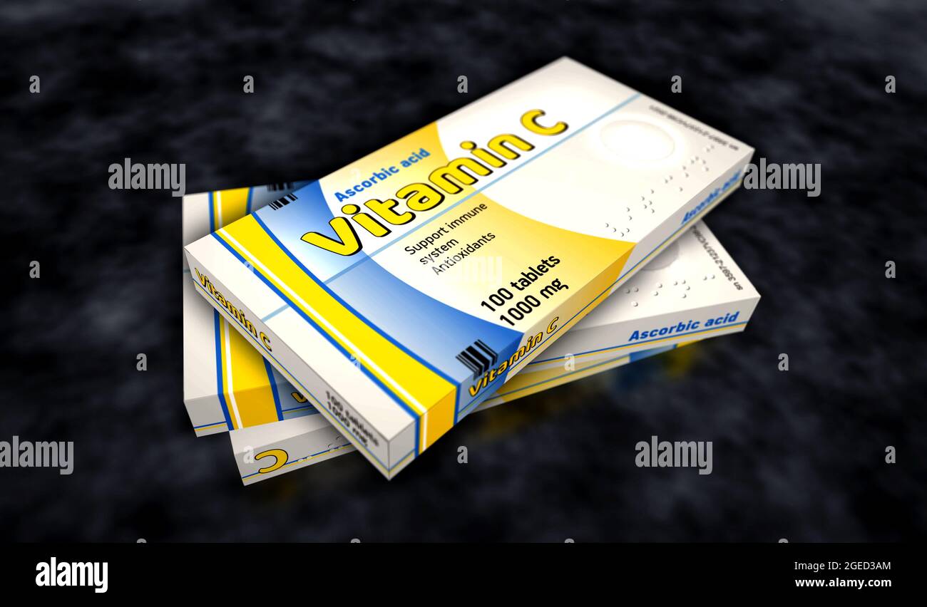 Vitamin C tablets box production line. Health supplement pills pack ...