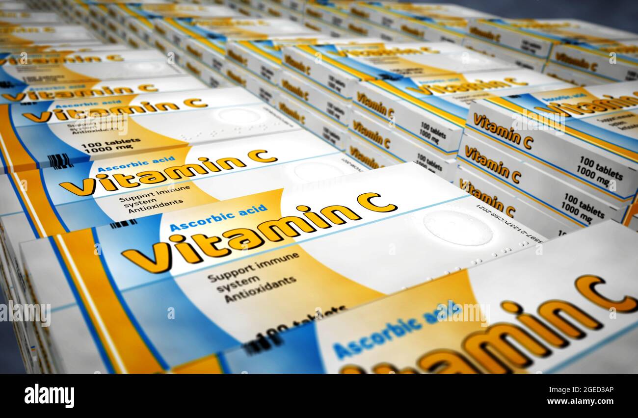 Vitamin C tablets box production line. Health supplement pills pack ...