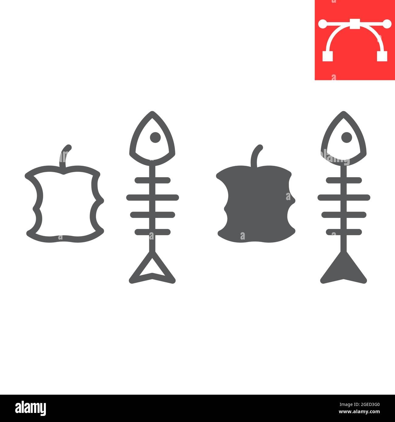 Organic waste line and glyph icon, apple core and fish skeleton, food ...
