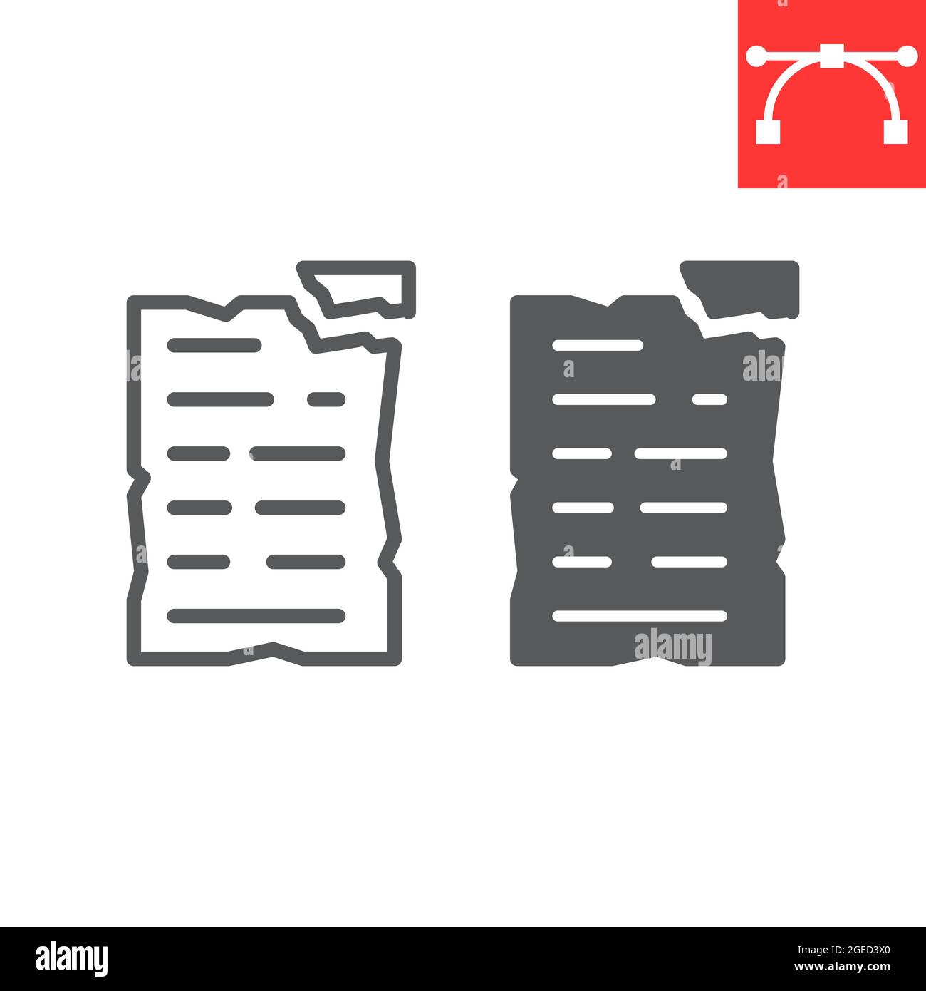 Crumpled paper line and glyph icon, recycle and ecology, paper waste ...