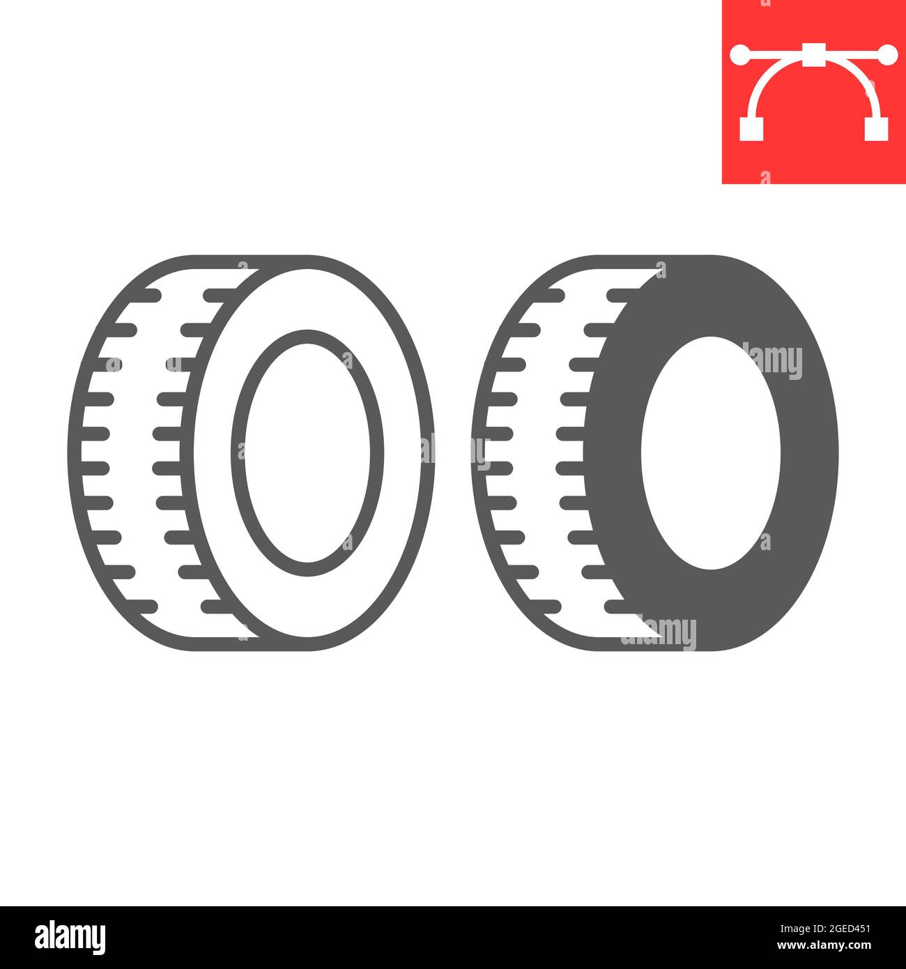 Car tire line and glyph icon, recycle and car wheel, rubber waste ...