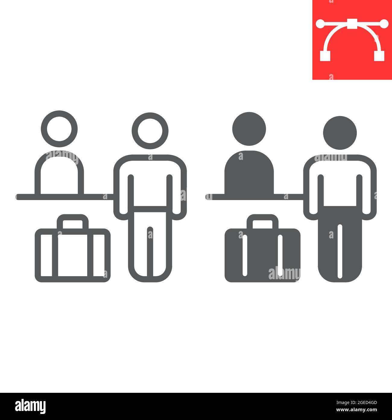 Airport check in line and glyph icon, person with luggage at ...