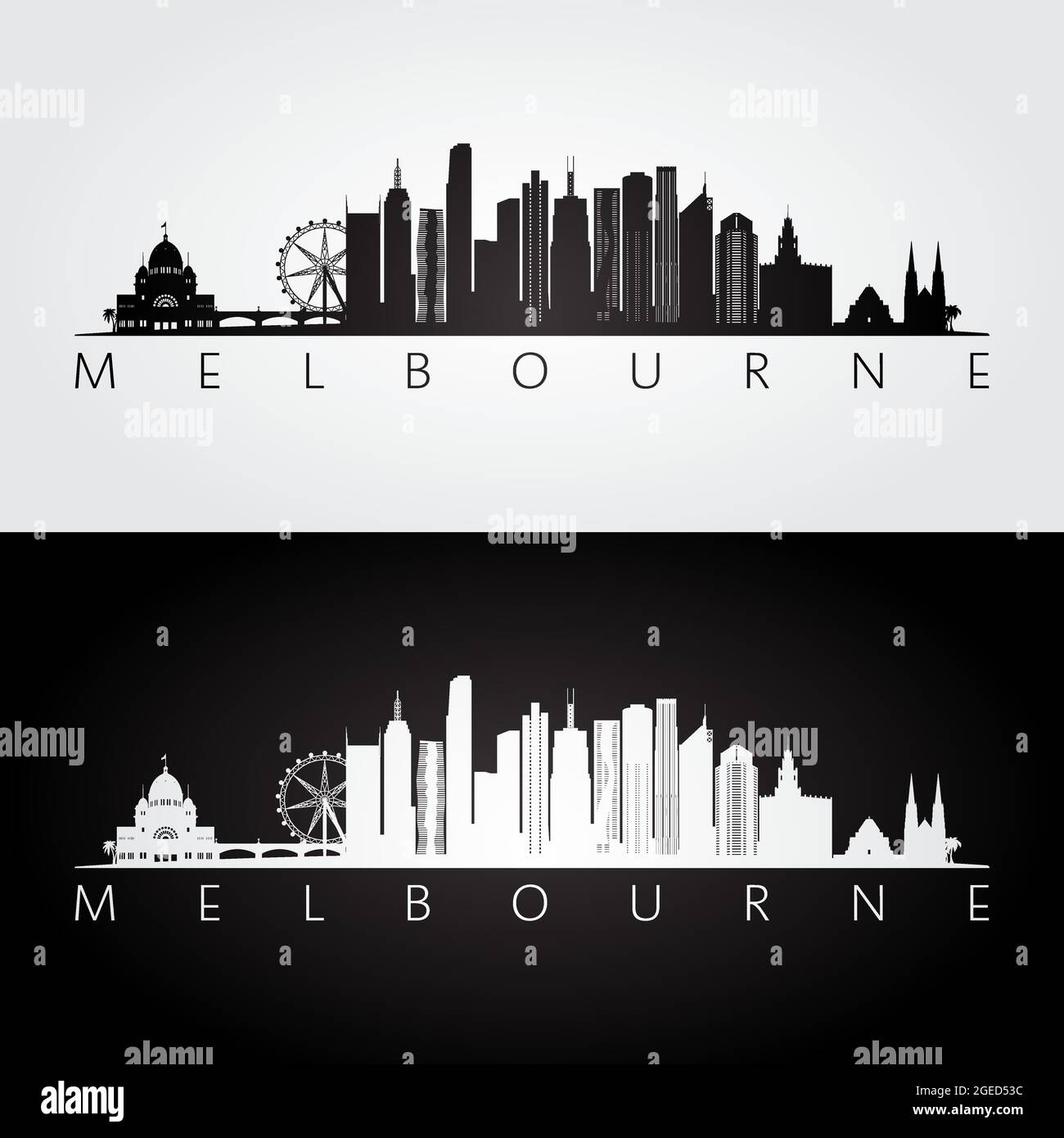 Melbourne skyline and landmarks silhouette, black and white design ...